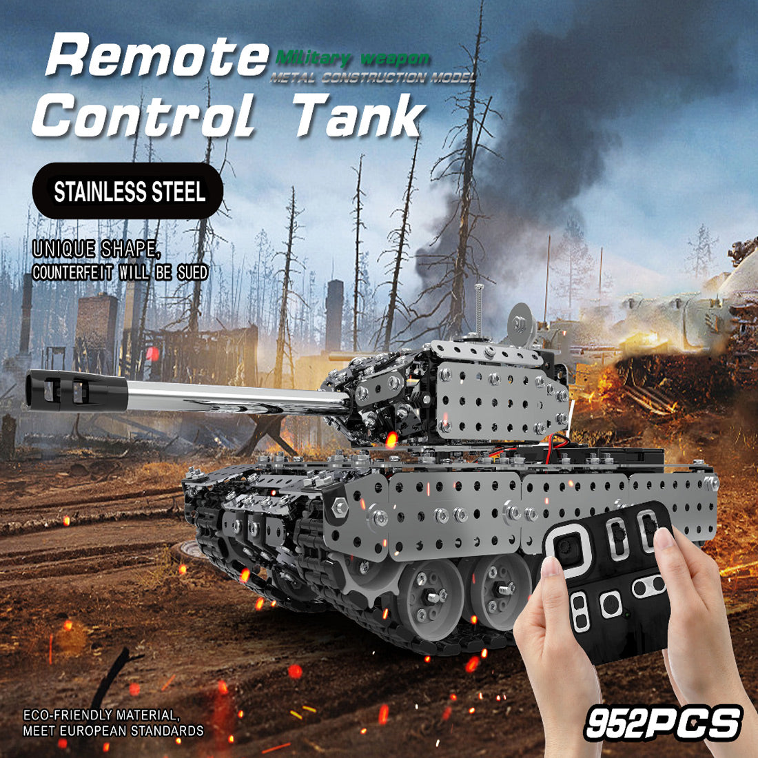 952Pcs DIY 3D Metal Assembly RC Military Tank Kit Model Toy