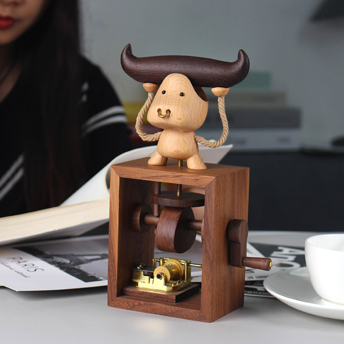 Automata Animal Bull Cows Musical Box Creative Wooden Hand Cranked Mus