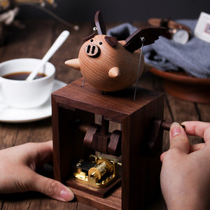 Automata Creative Music Box Cute Flying Pig Wooden Dynamic Musical Box