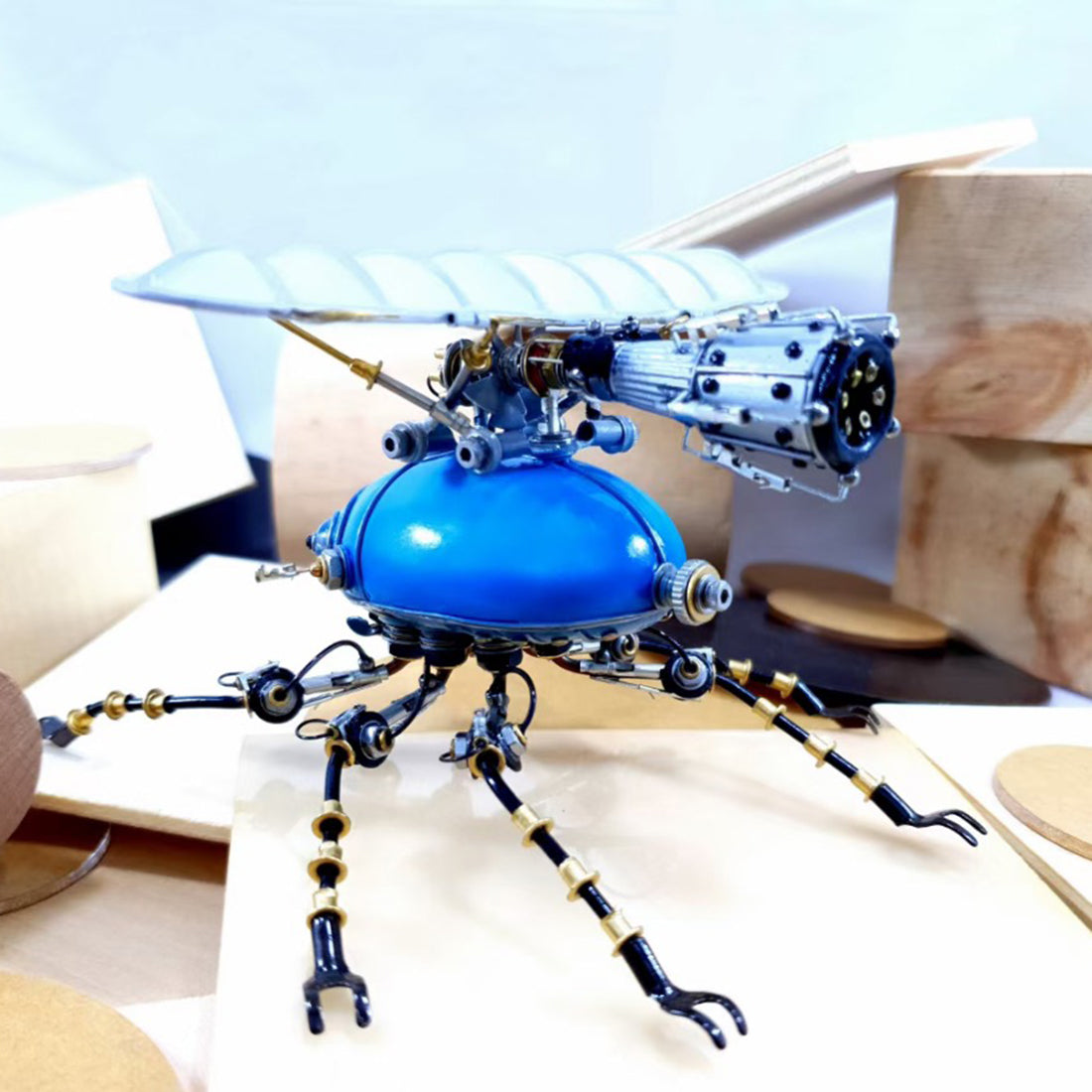 Metal 3D Blue Fixed Wing Scarab Steampunk Sculpture Bug Assembled Mode
