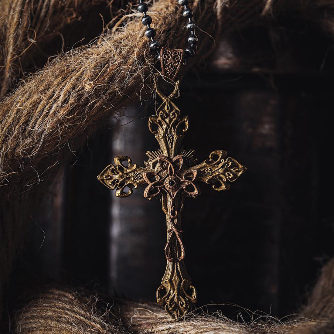 Steampunk Brass Baroque Cross Pendant