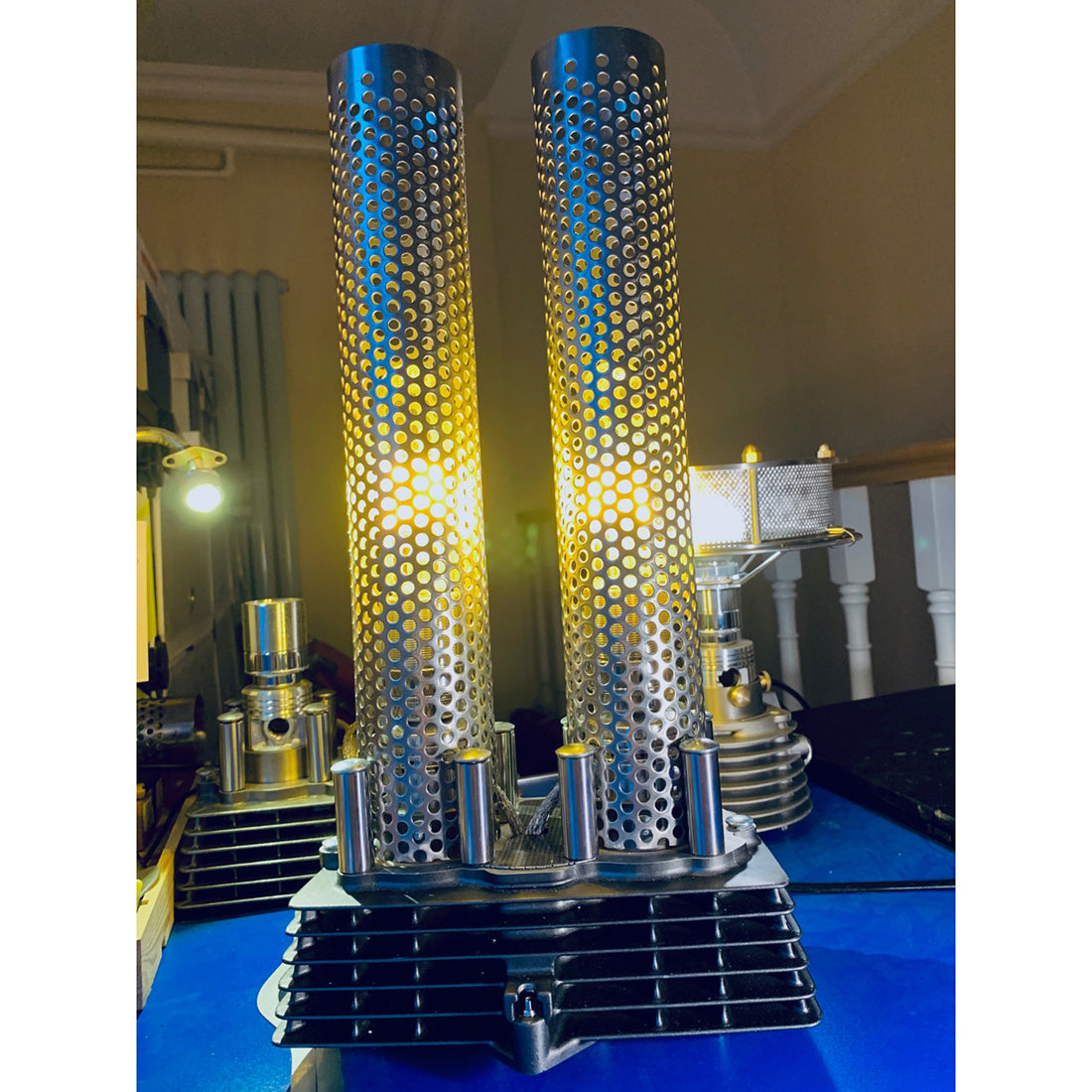 Steampunk Industrial Style Metal Modified Silver Double Cylinder Chimn